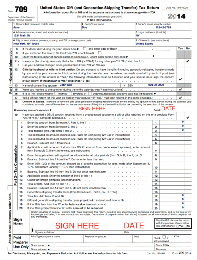 Completed Sample IRS Form 709 Gift Tax Return for 529 Superfunding ...